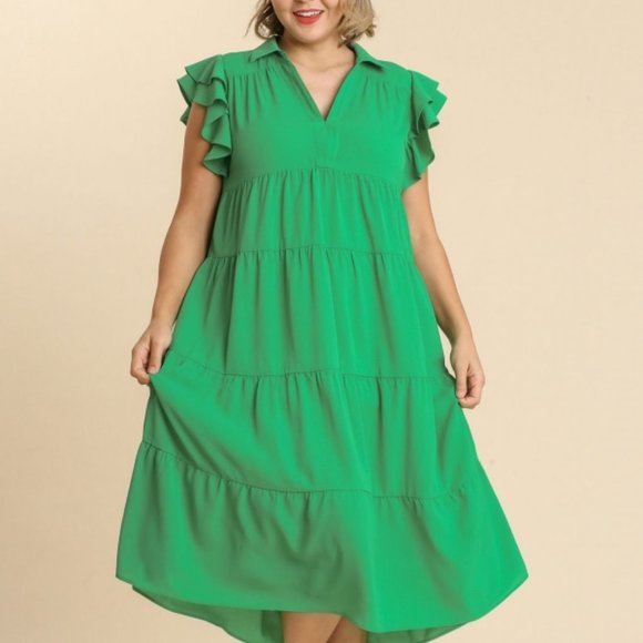 Umgee | Dresses | Umgee Plus Size Green Collar Split Neck Short Ruffle ...